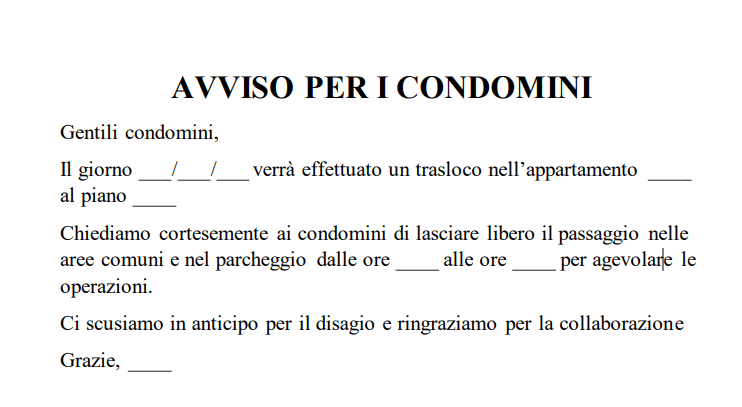Cartello di avviso trasloco condominio: come si può scrivere